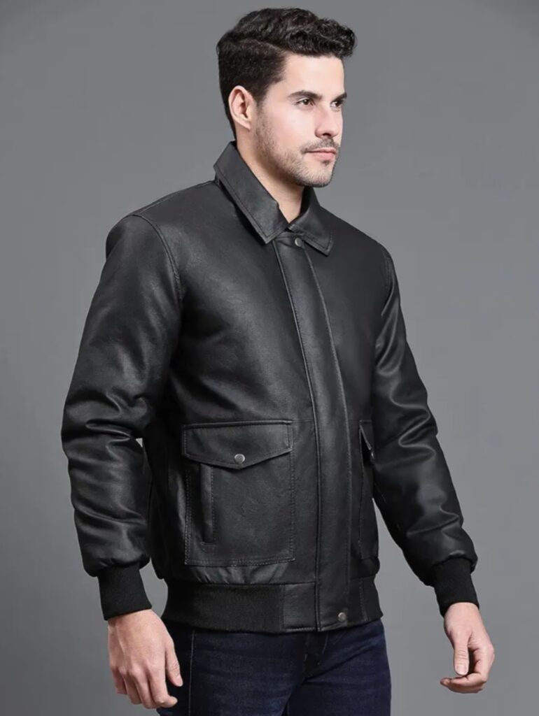 Men’s Leather Bomber Jacket – Utility Pockets & YKK Zipper